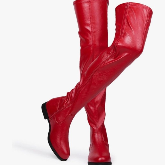 Tinstree | Shoes | Red Over The Knee Thigh High Stretchy Boots Low Heel ...